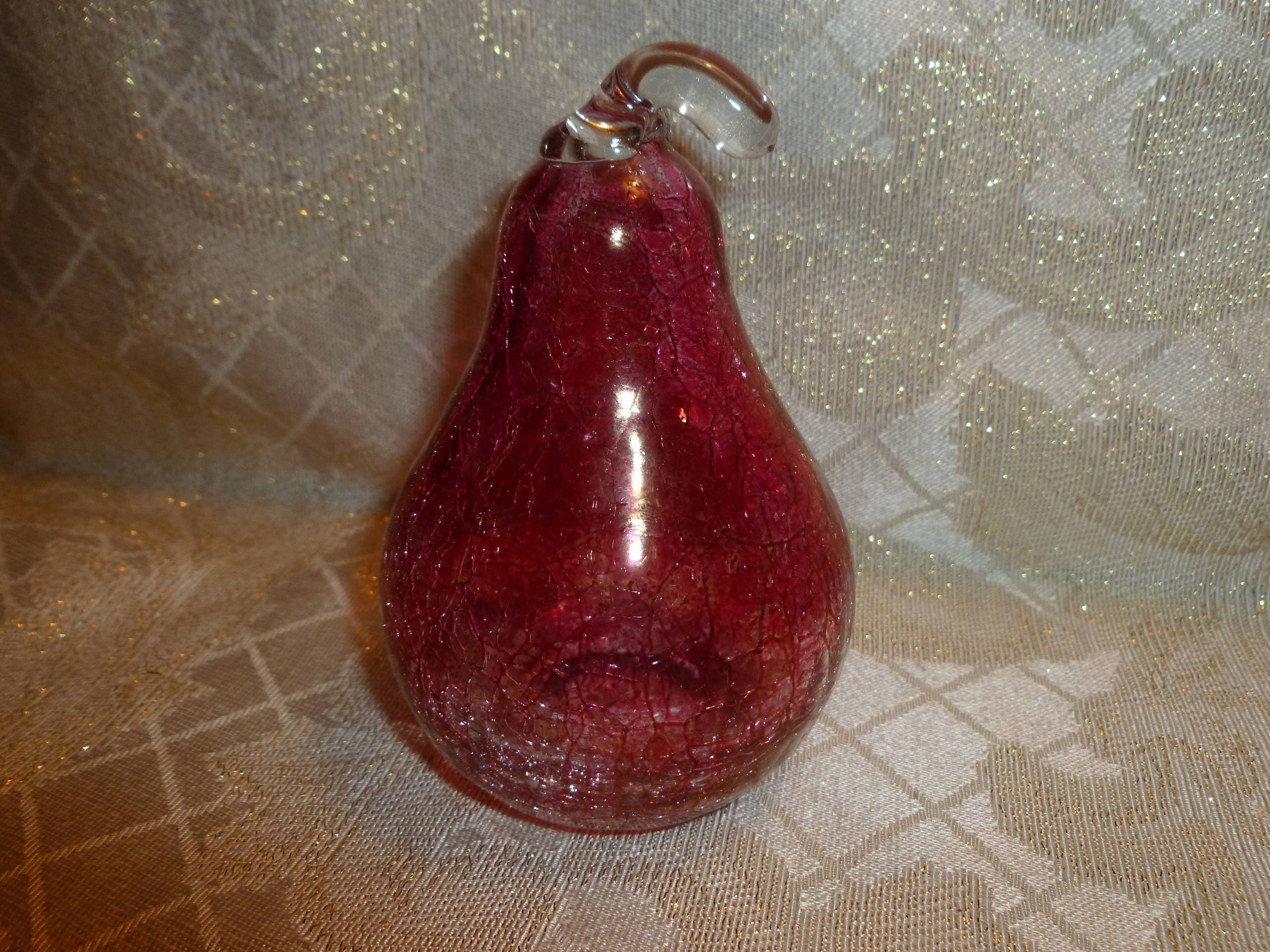Blenko Crackle Glass Handmade Art Glass Pear Stained Red Color ...
