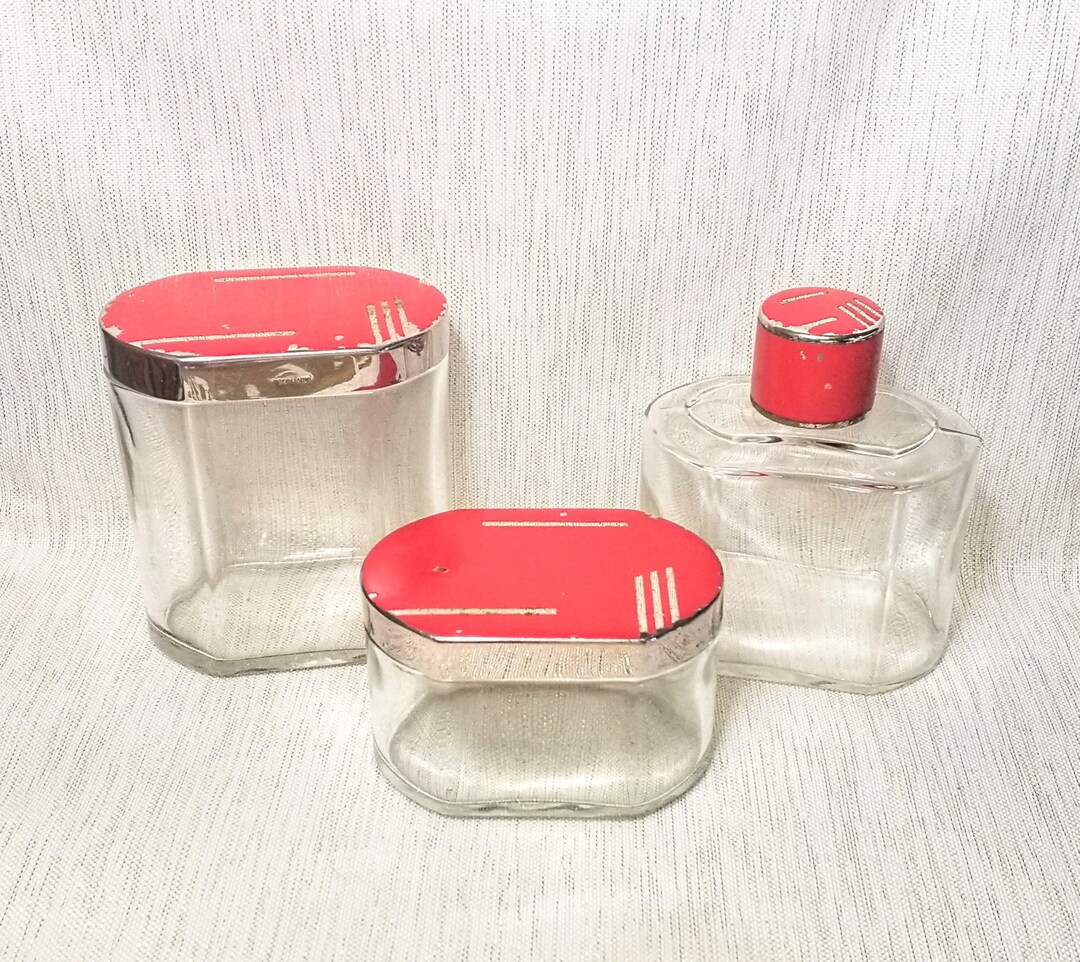 Art Deco Vanity Containers Vintage Bright Red Metal Tops Glass Bottoms ...