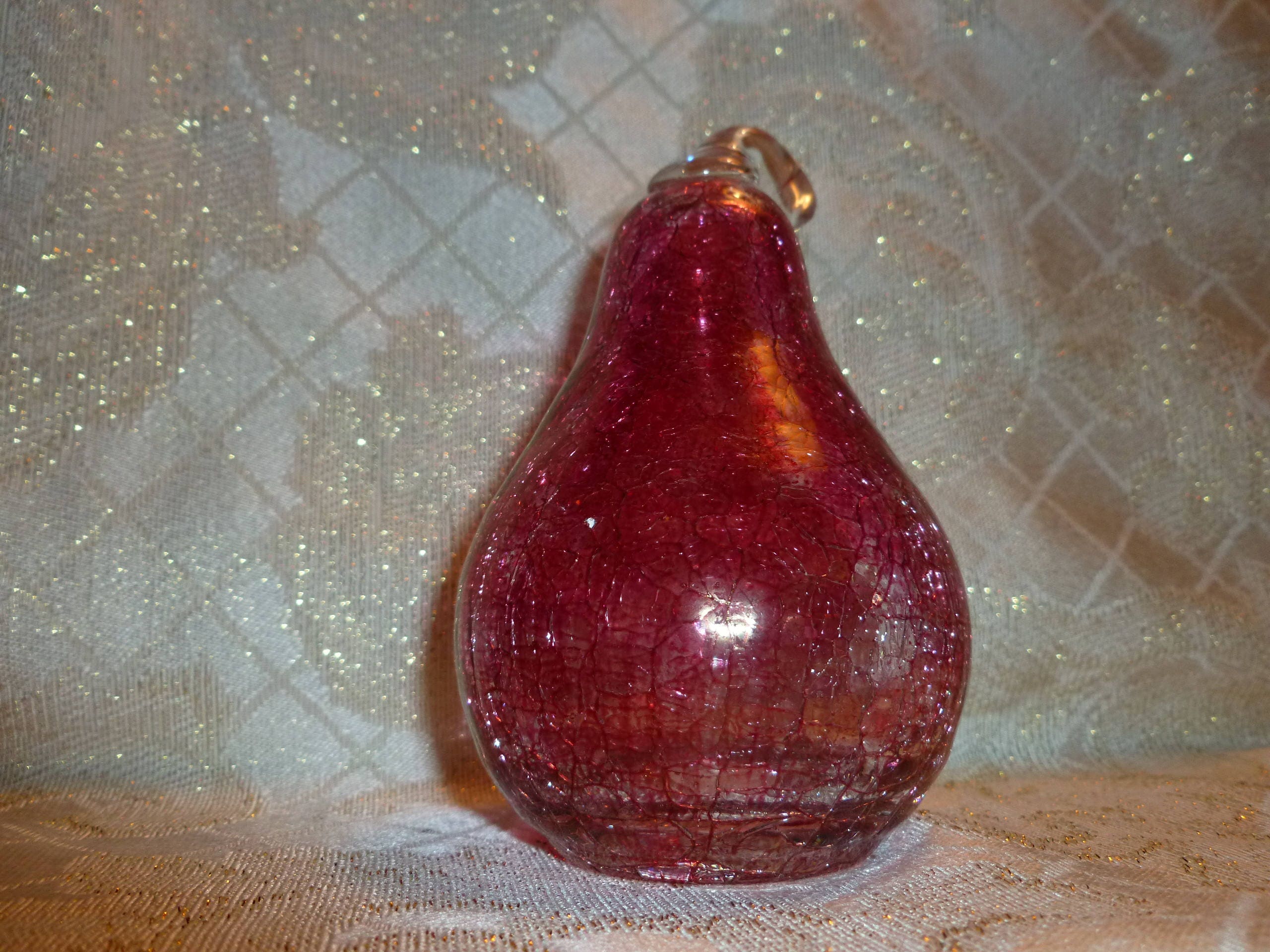 Blenko Crackle Glass Handmade Art Glass Pear Stained Red Color ...