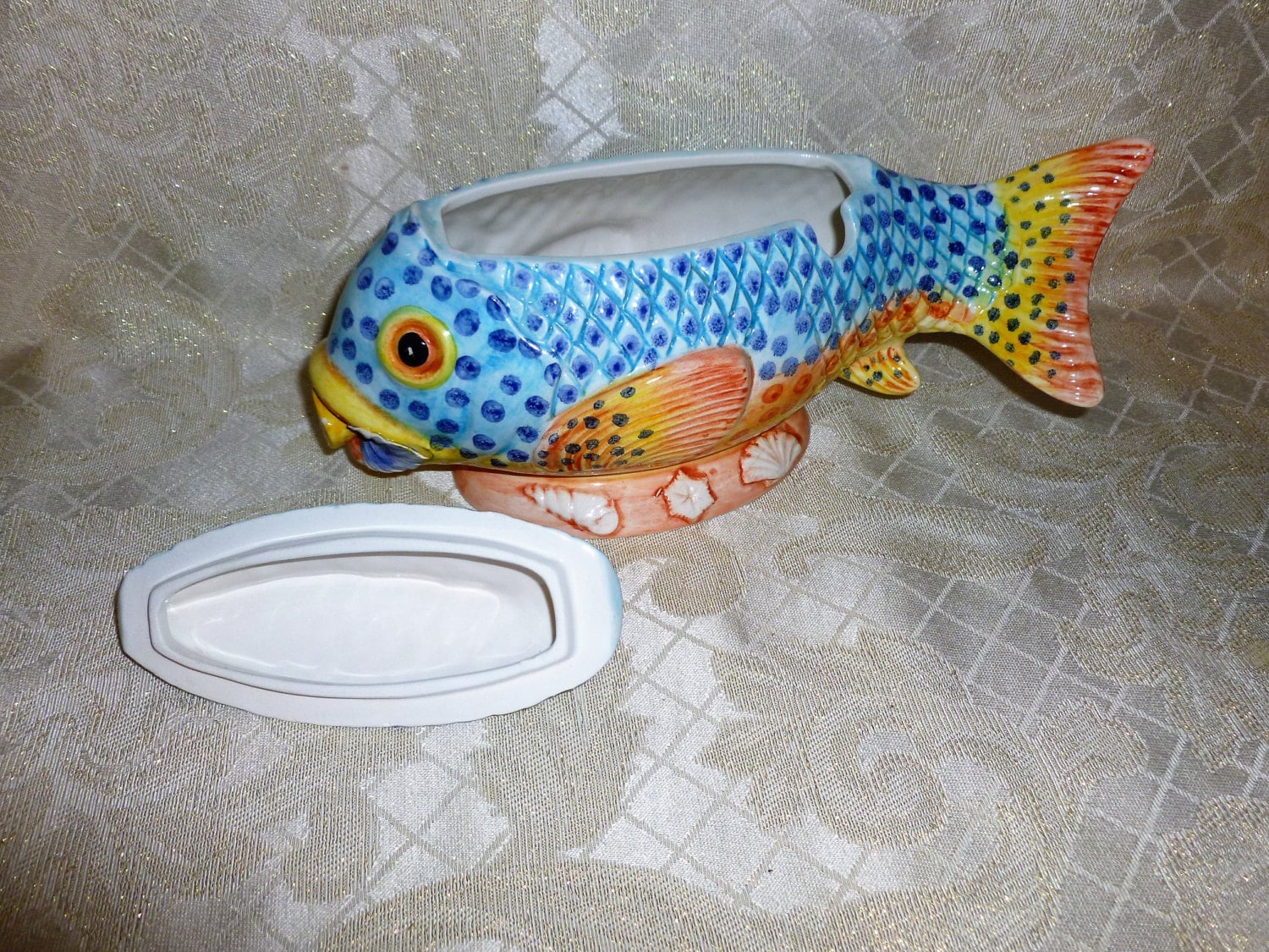 Neiman Marcus Vintage Fish Tureen Made in Italy Hand Painted Colorful ...
