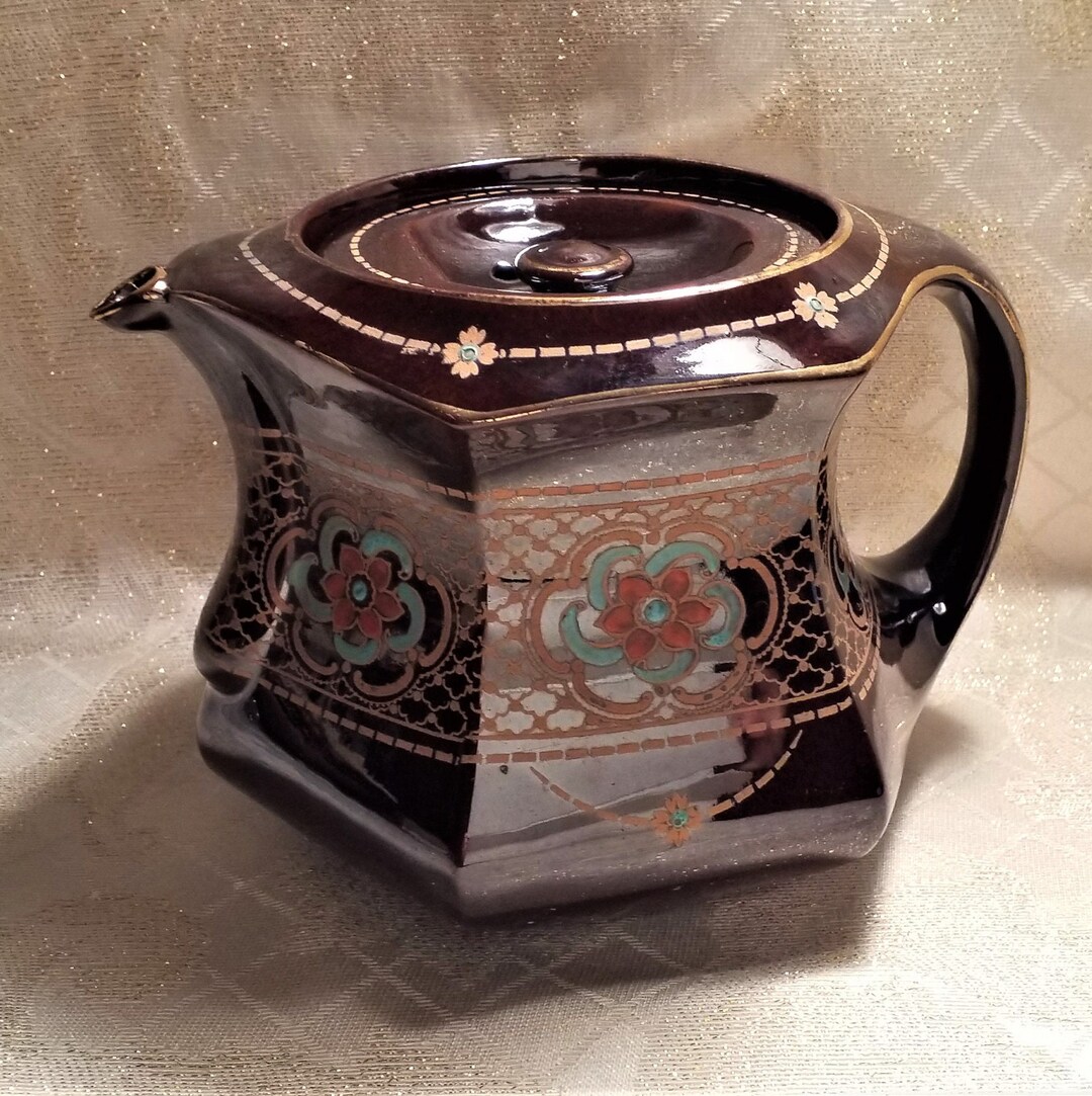 Antique Teapot Rare Hexagon Spoutless Majolica Celtic Floral Redware ...