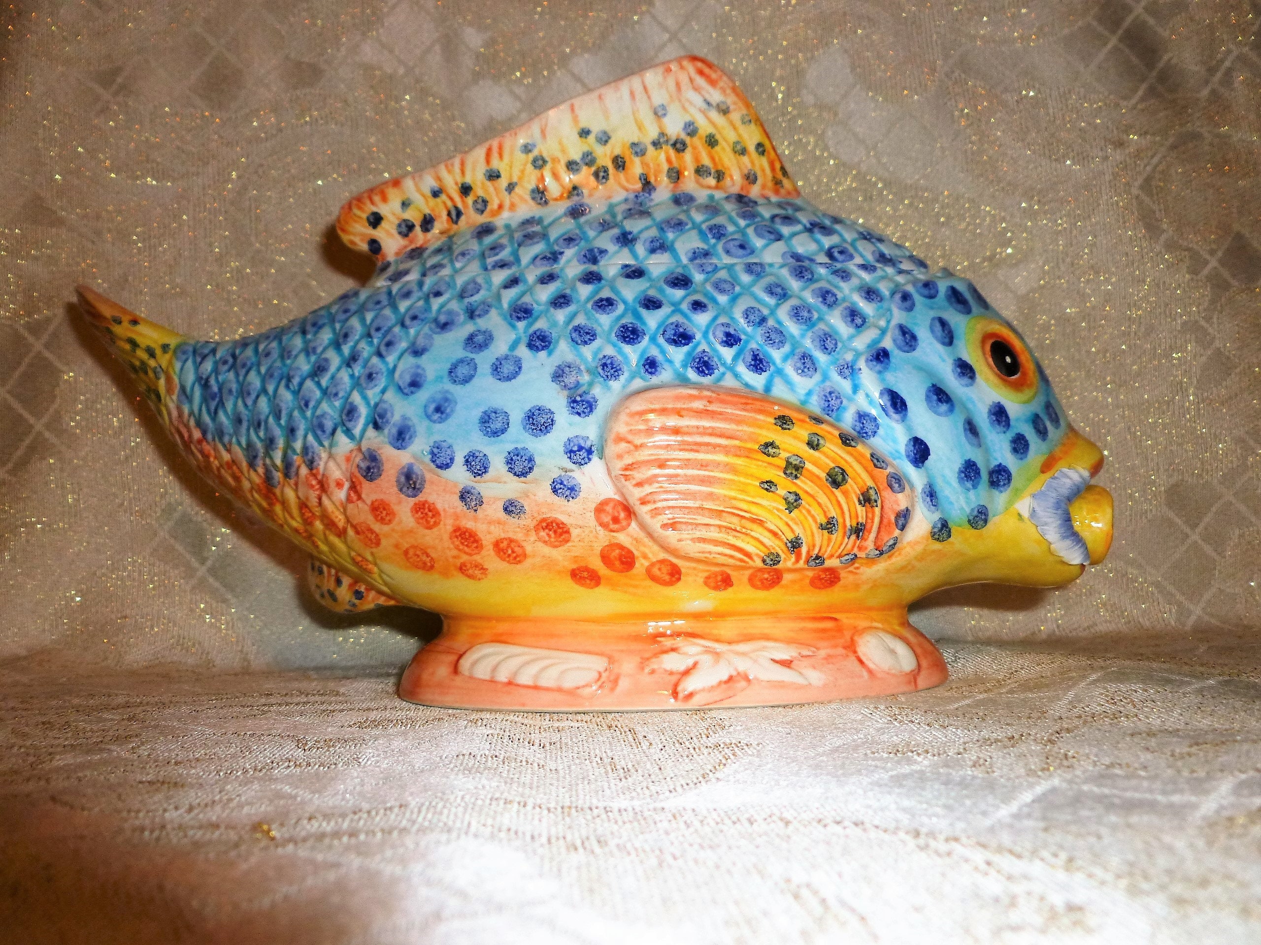 Neiman Marcus Vintage Fish Tureen Made in Italy Hand Painted Colorful ...