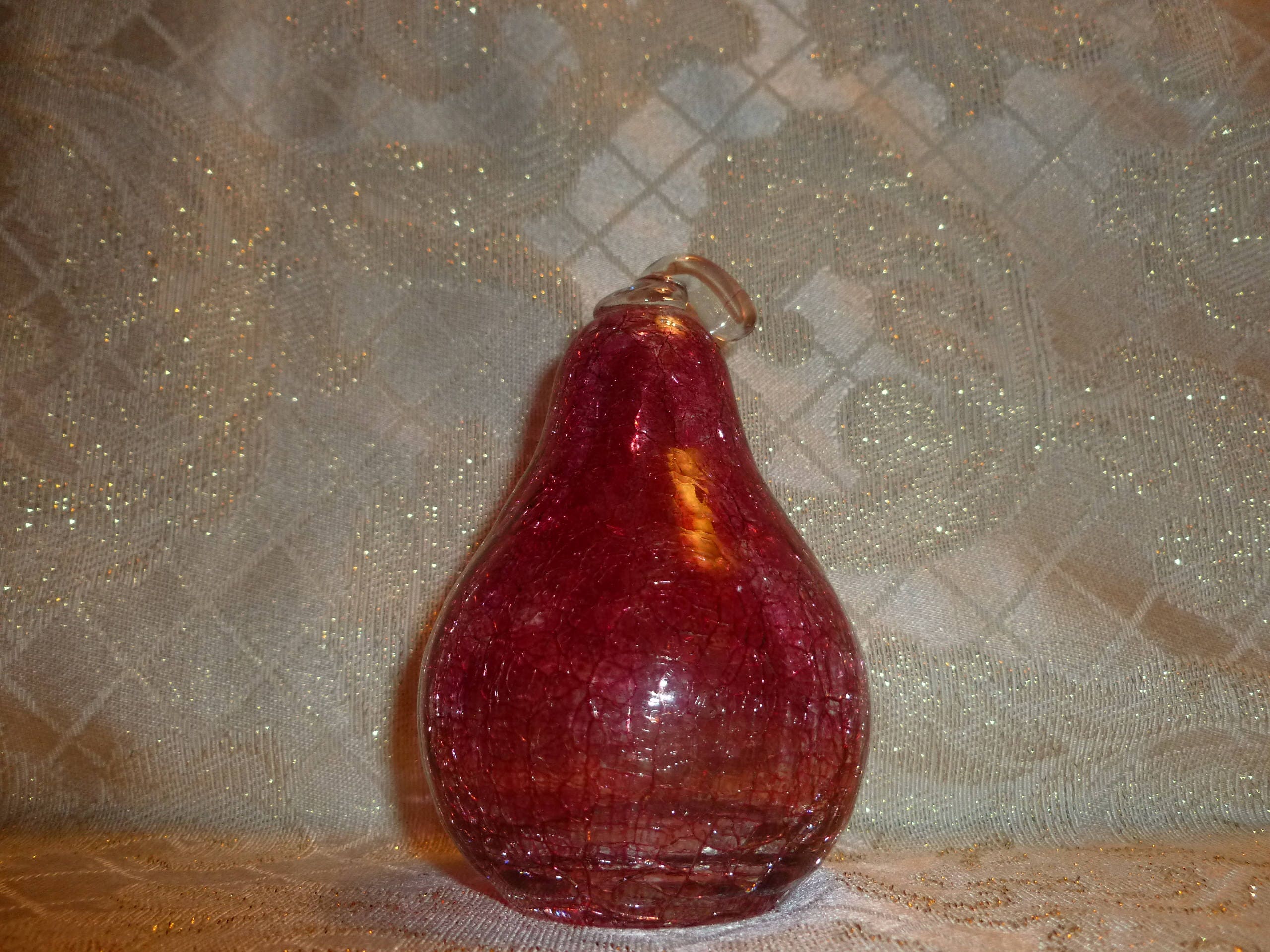 Blenko Crackle Glass Handmade Art Glass Pear Stained Red Color ...