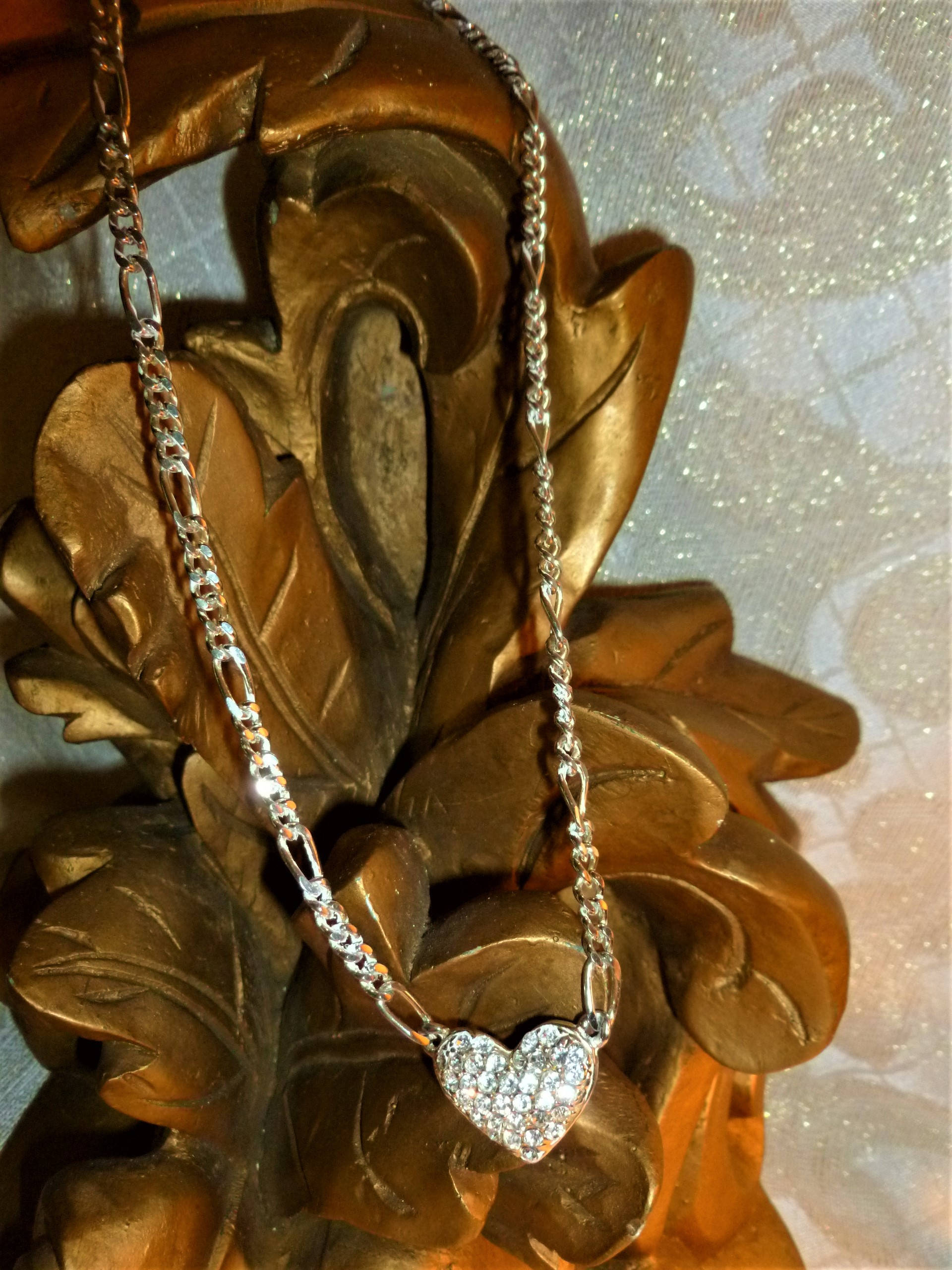 Vintage Crystal Rhinestone Heart Necklace Gold Tone Figaro Chain With ...