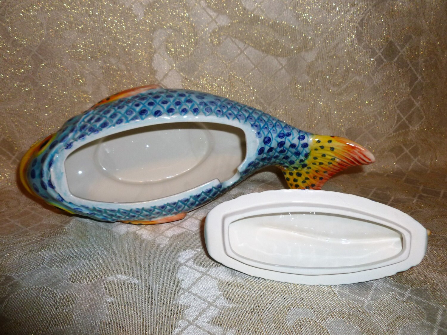 Neiman Marcus Vintage Fish Tureen Made in Italy Hand Painted Colorful ...