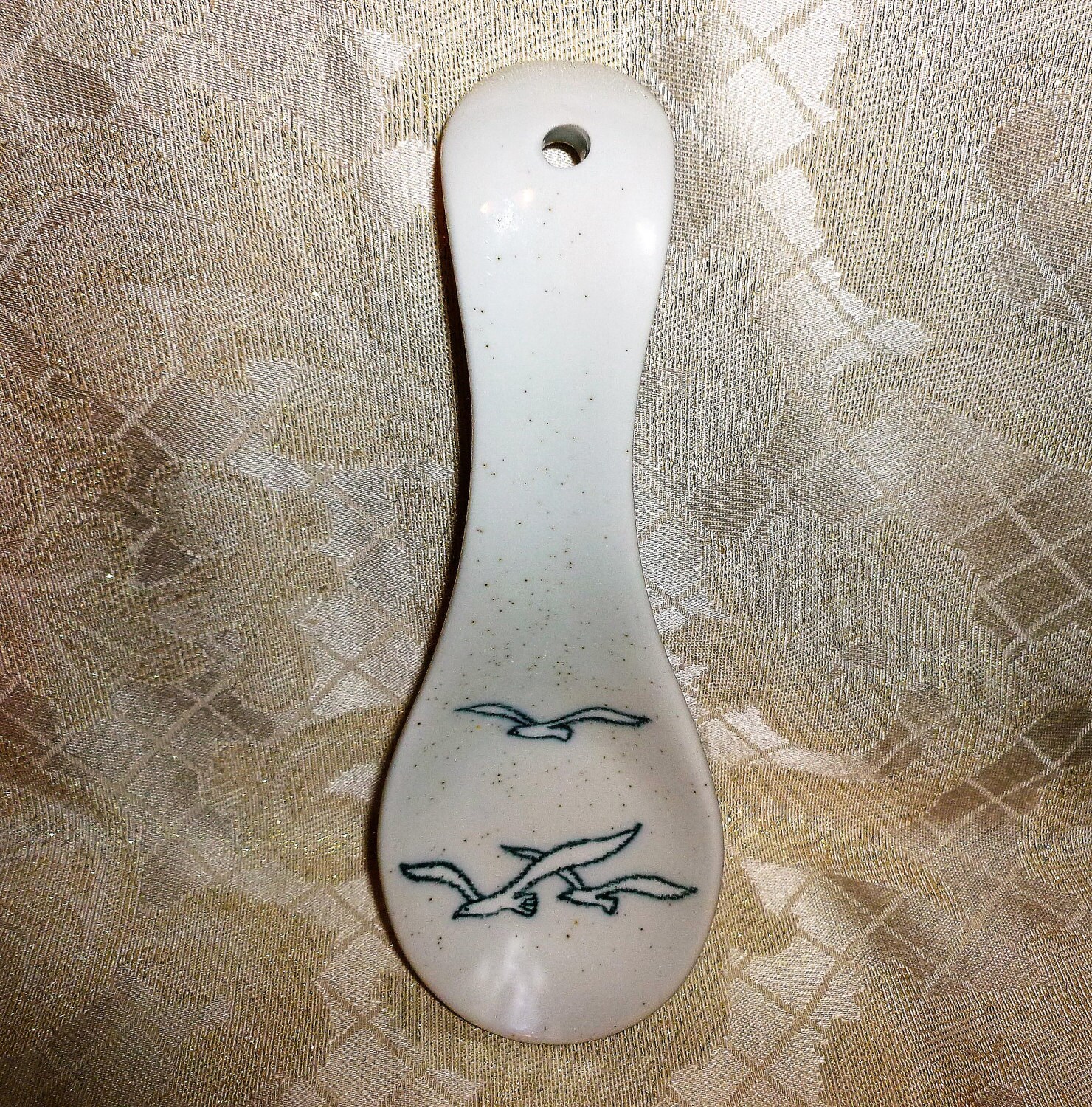 Vintage Spoon Rest With White Sand Glaze And Seagull Design