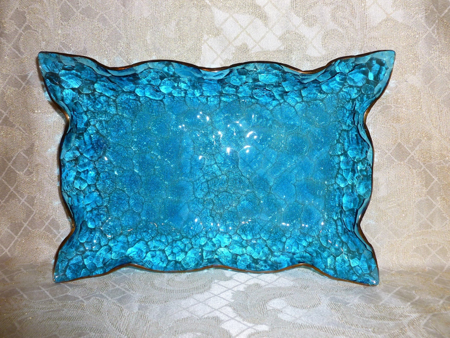Crackle Glass Gorgeous Blue Glass Dish With Gold Trim Very Unique ...