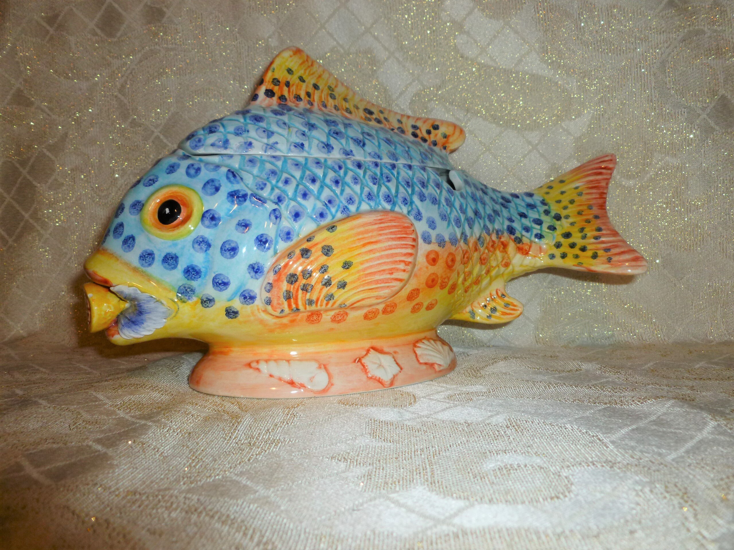 Neiman Marcus Vintage Fish Tureen Made in Italy Hand Painted Colorful ...