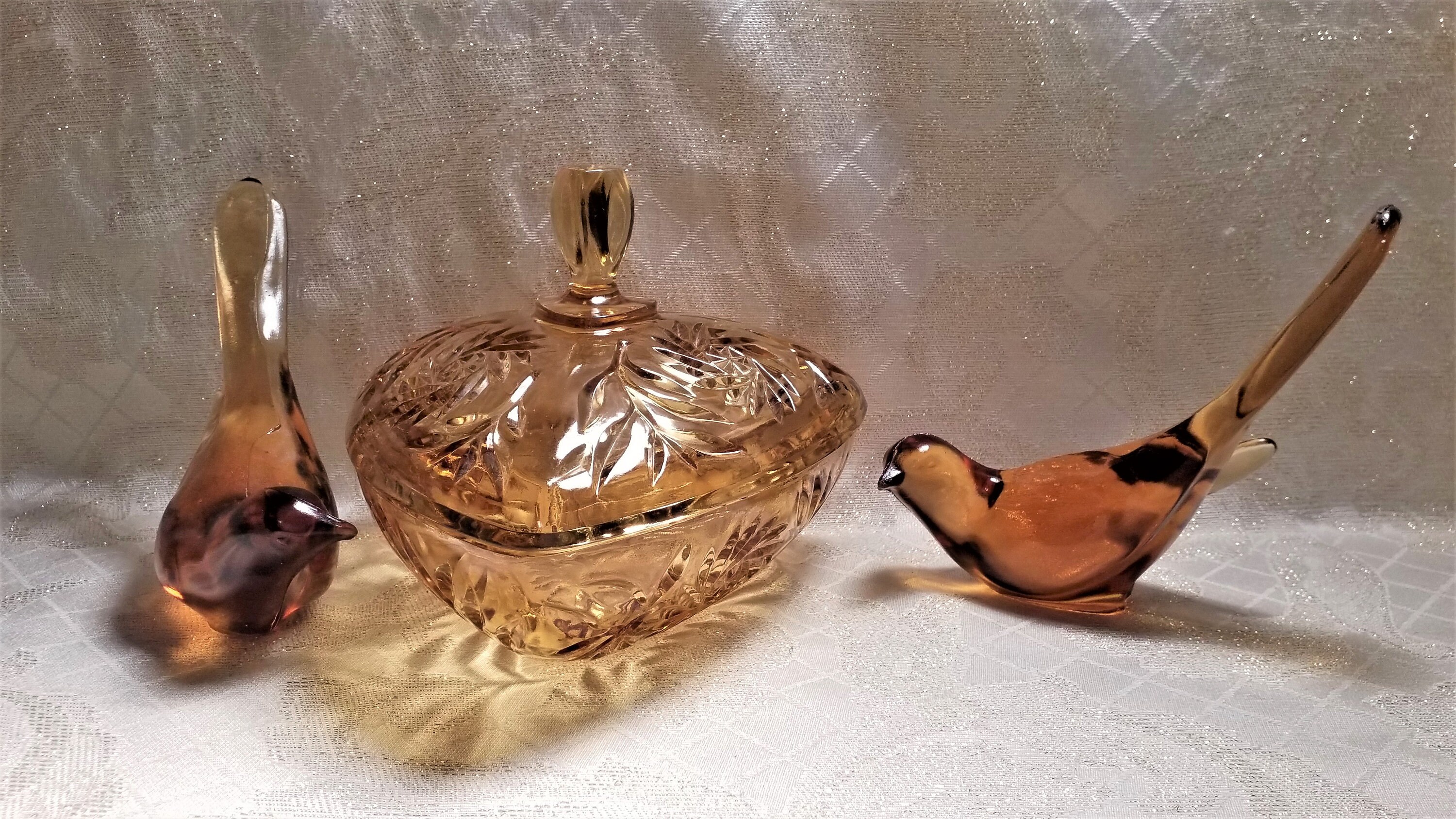 Fenton Amber Glass Long Tail Dove Pair With A Pretty Hazel Atlas Candy ...