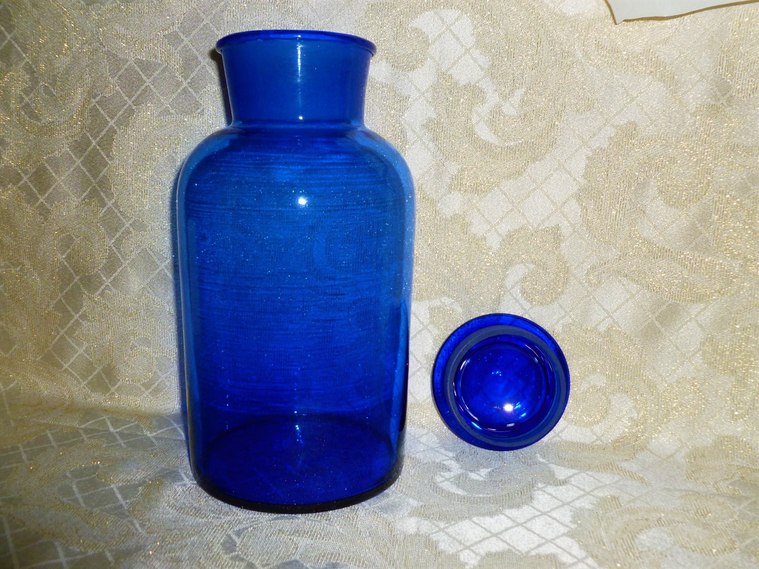 Cobalt Blue Glass Large Apothecary Jar With Large Stopper Lid Vintage