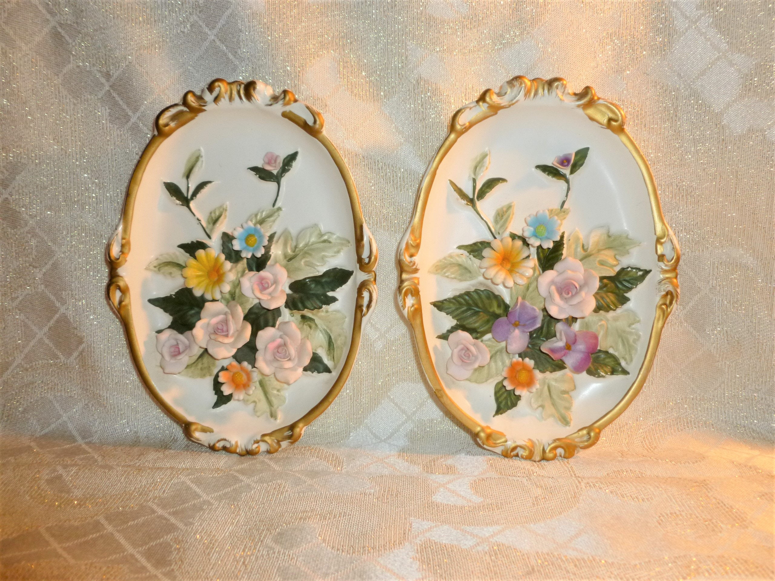 Beautiful Lefton Exclusive Porcelain Bisque Colorful Floral Sculptures ...