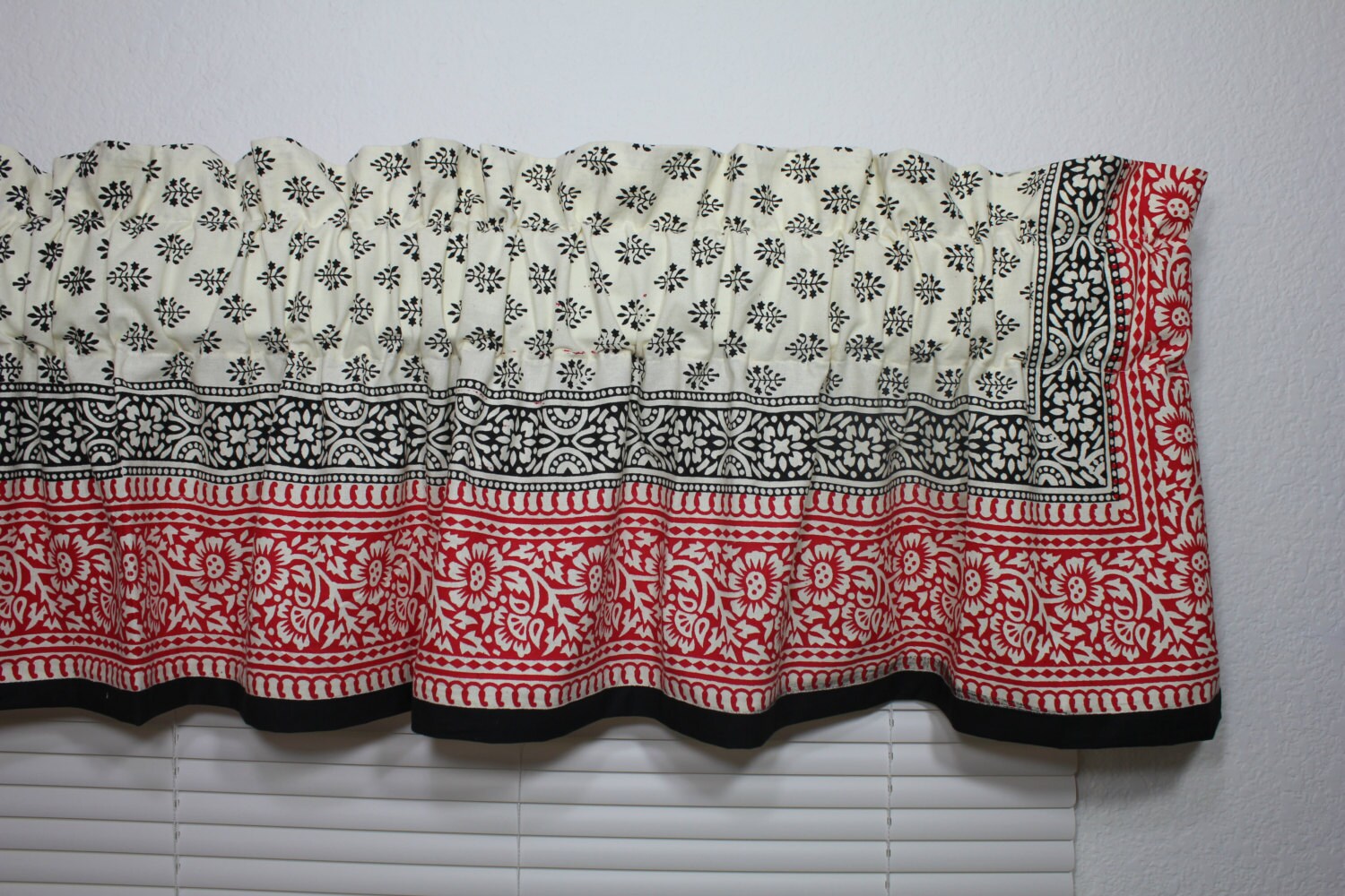 Red and White Floral Window Valance 14x 84, 100% Cotton Hand Printed ...