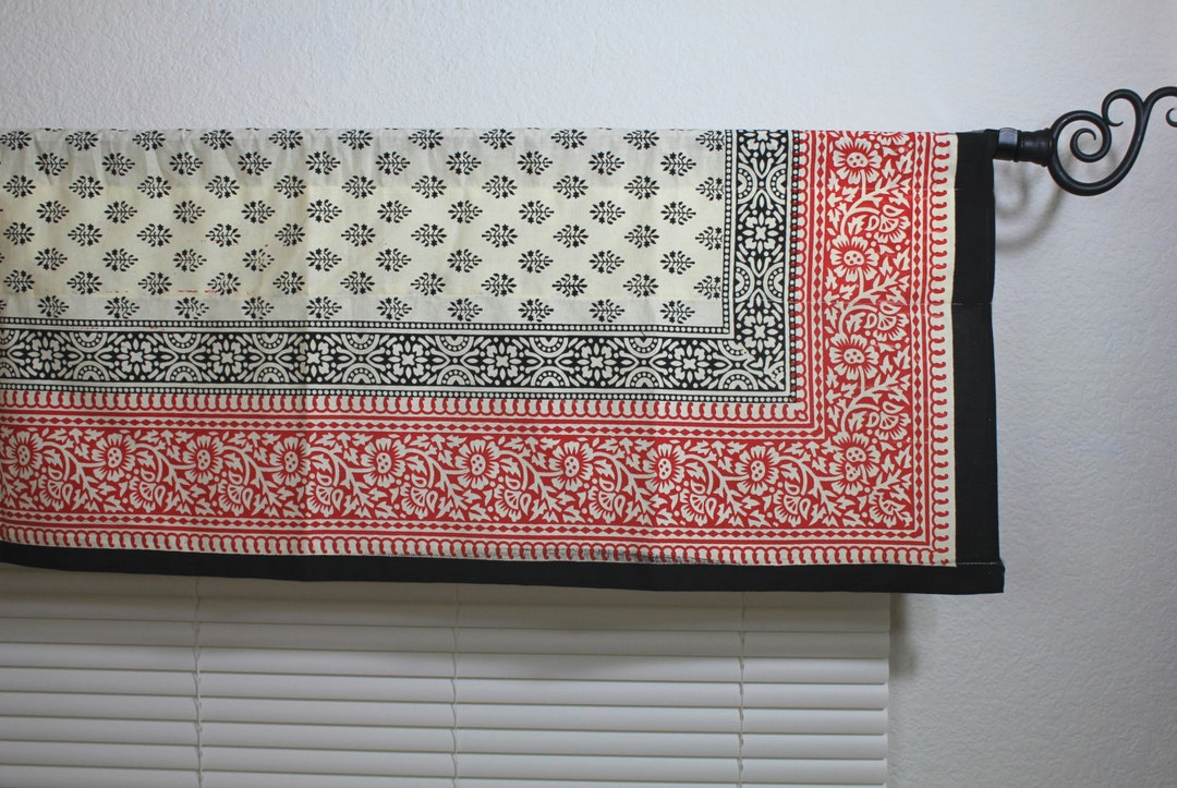 Red and White Floral Window Valance 14x 84, 100% Cotton Hand Printed ...