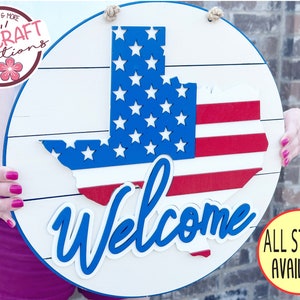 Patriotic State Welcome Round Sign, USA Flag, Wood Round Door Hanger - Etsy