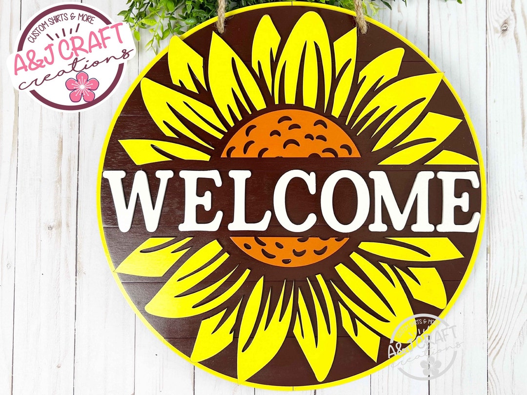 Sunflower Welcome Door Hanger, Laser Cut Baltic Birch Wood Round Summer ...