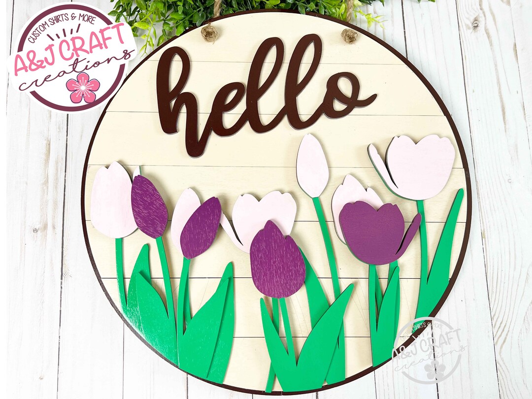 Wood Round Hello Spring Door Hanger With Tulips, Spring Hello Round ...