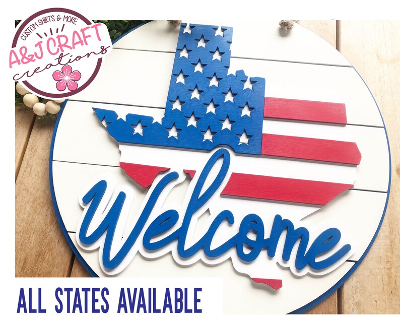 State Sign Wood Texas Welcome Sign Patriotic Welcome Round | Etsy