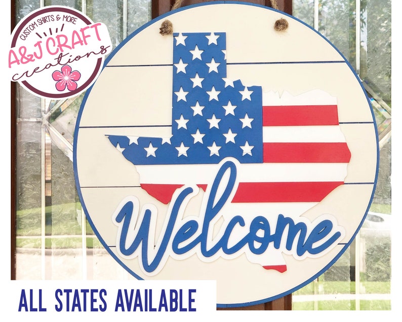 State Sign Wood Texas Welcome Sign Patriotic Welcome Round - Etsy