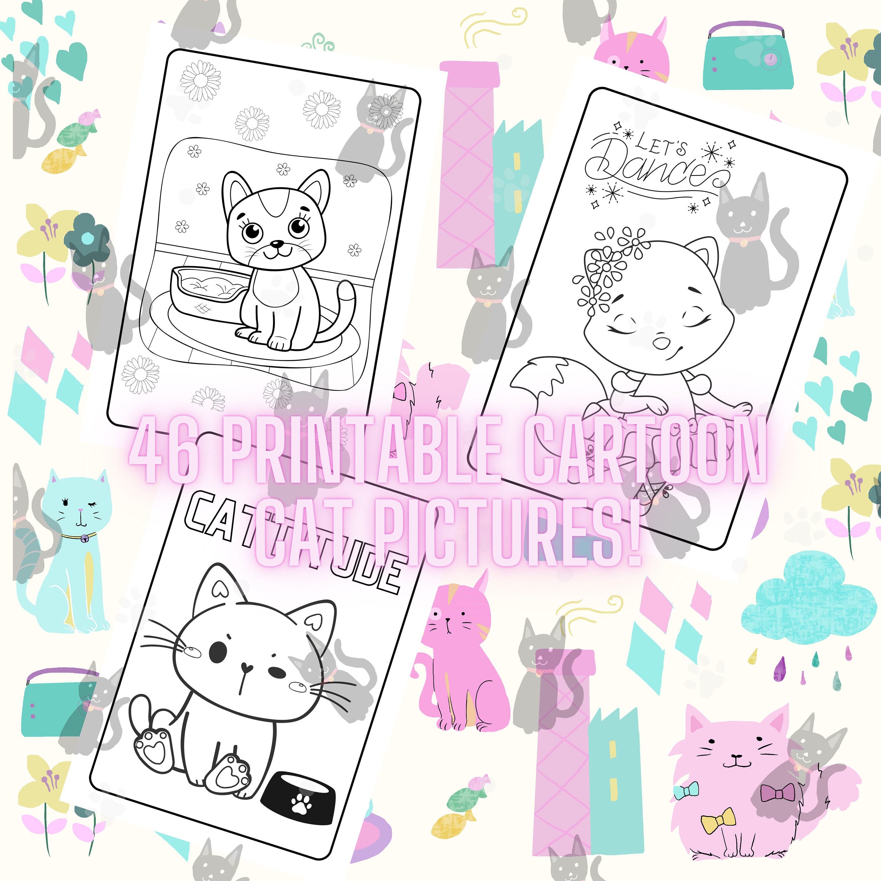 PRINTABLE Cute Cats Coloring Pages for Kids! 46 Unique Cartoon Cat Easy ...