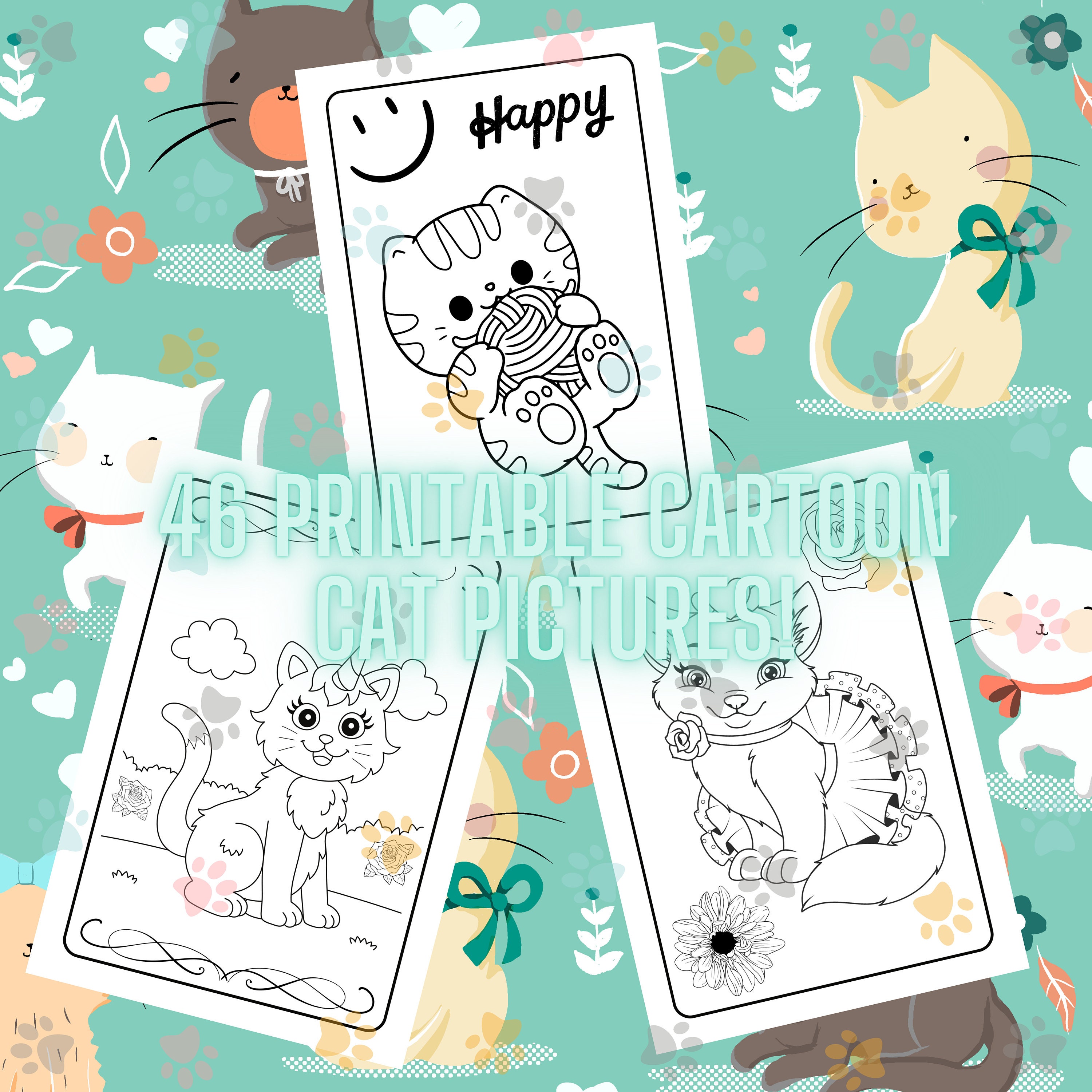 PRINTABLE Cute Cats Coloring Pages for Kids! 46 Unique Cartoon Cat Easy ...