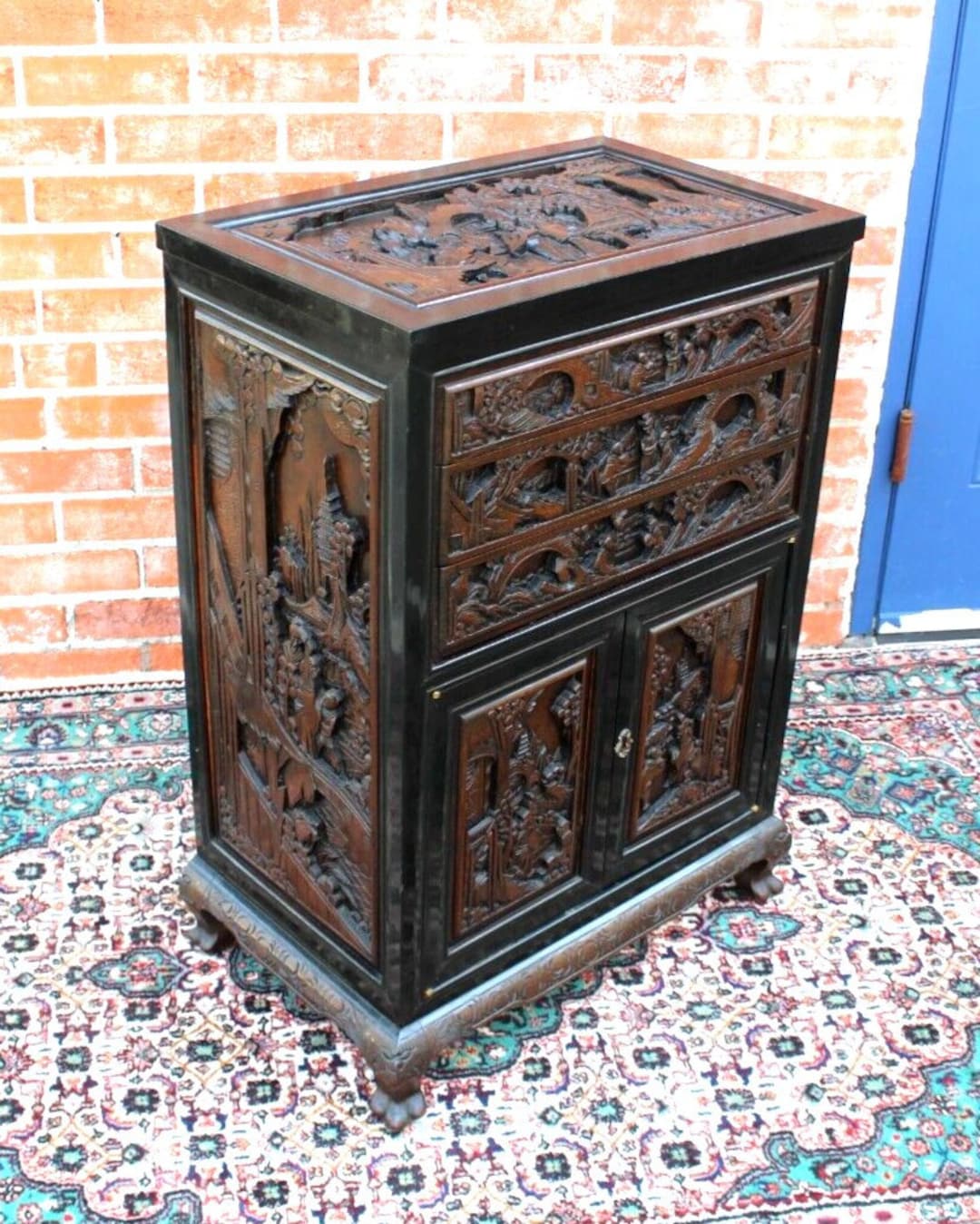 Heavily Carved Chinese Silverware Box Cabinet Home Office Furniture - Etsy