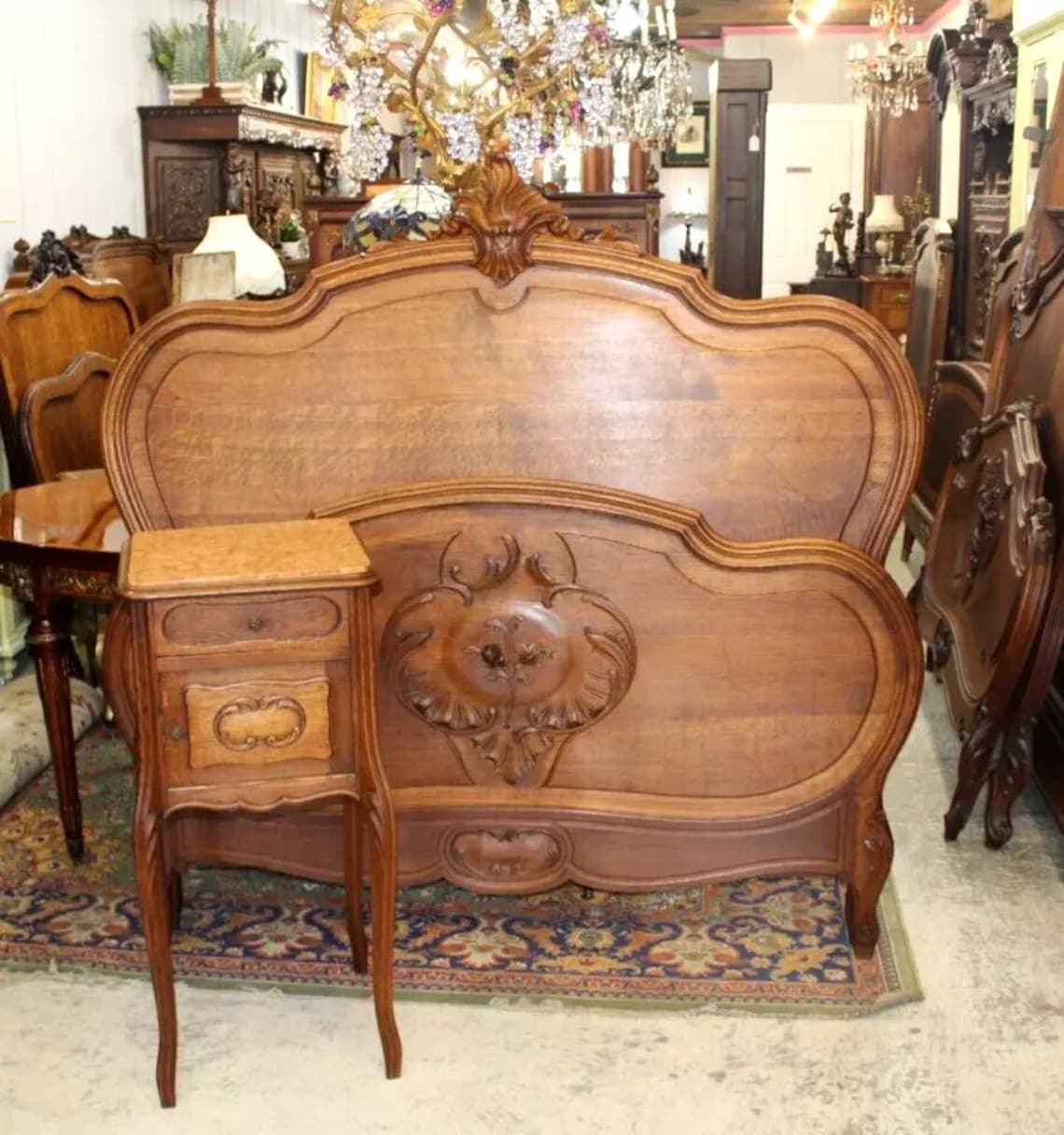 French Antique Carved Oak Louis XV Full Size Bed & Nightstand | Bedroom ...