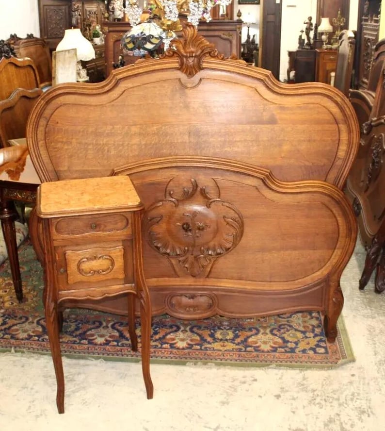 French Antique Carved Oak Louis XV Full Size Bed & Nightstand | Bedroom ...