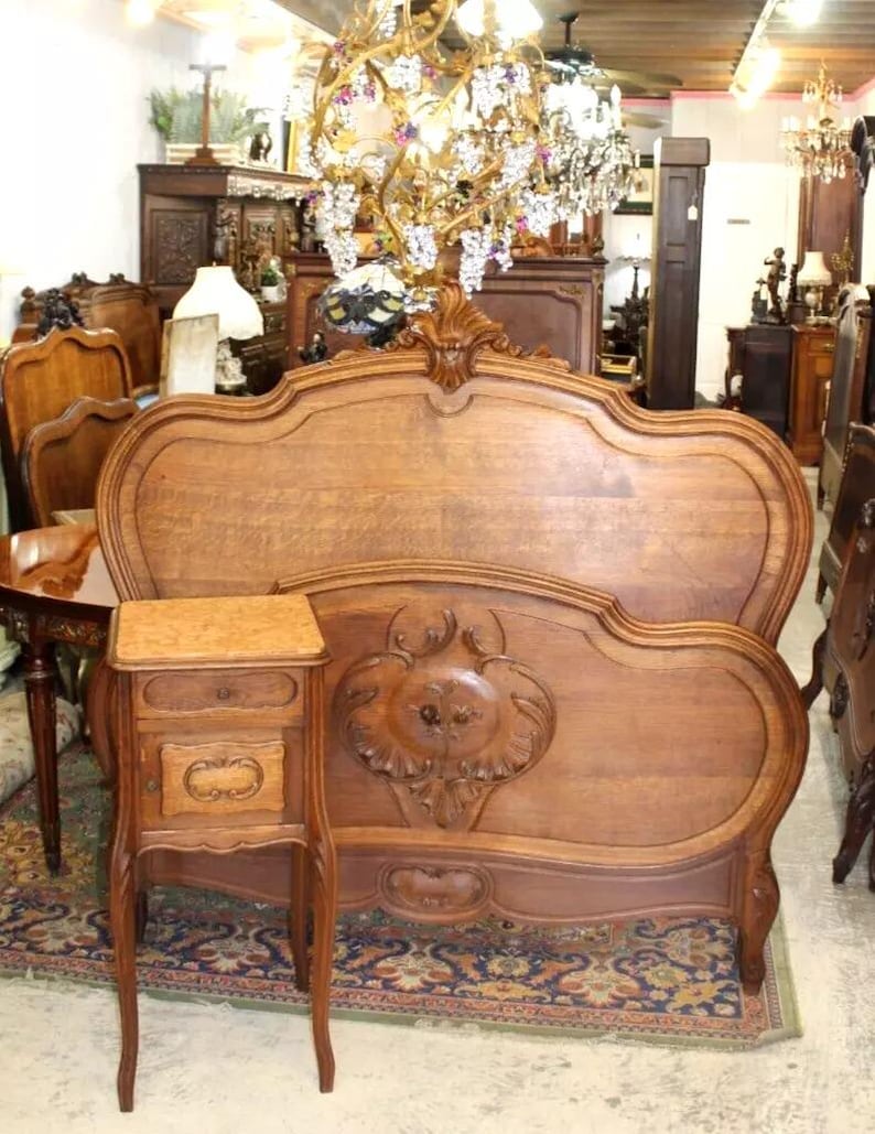 French Antique Carved Oak Louis XV Full Size Bed & Nightstand | Bedroom ...