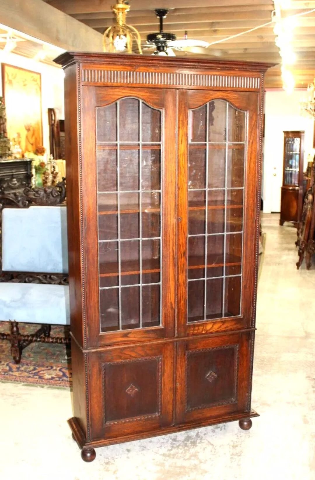 English Antique Oak Jacobean Leaded Glass Bookcase Display Cabinet - Etsy