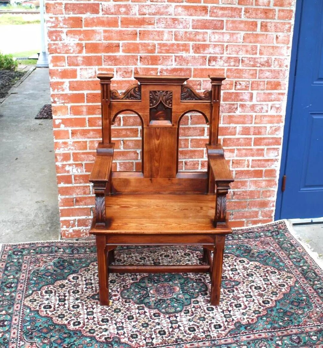 French Antique Pine Gothic Armchair | Carved Medieval Cathedral Style ...