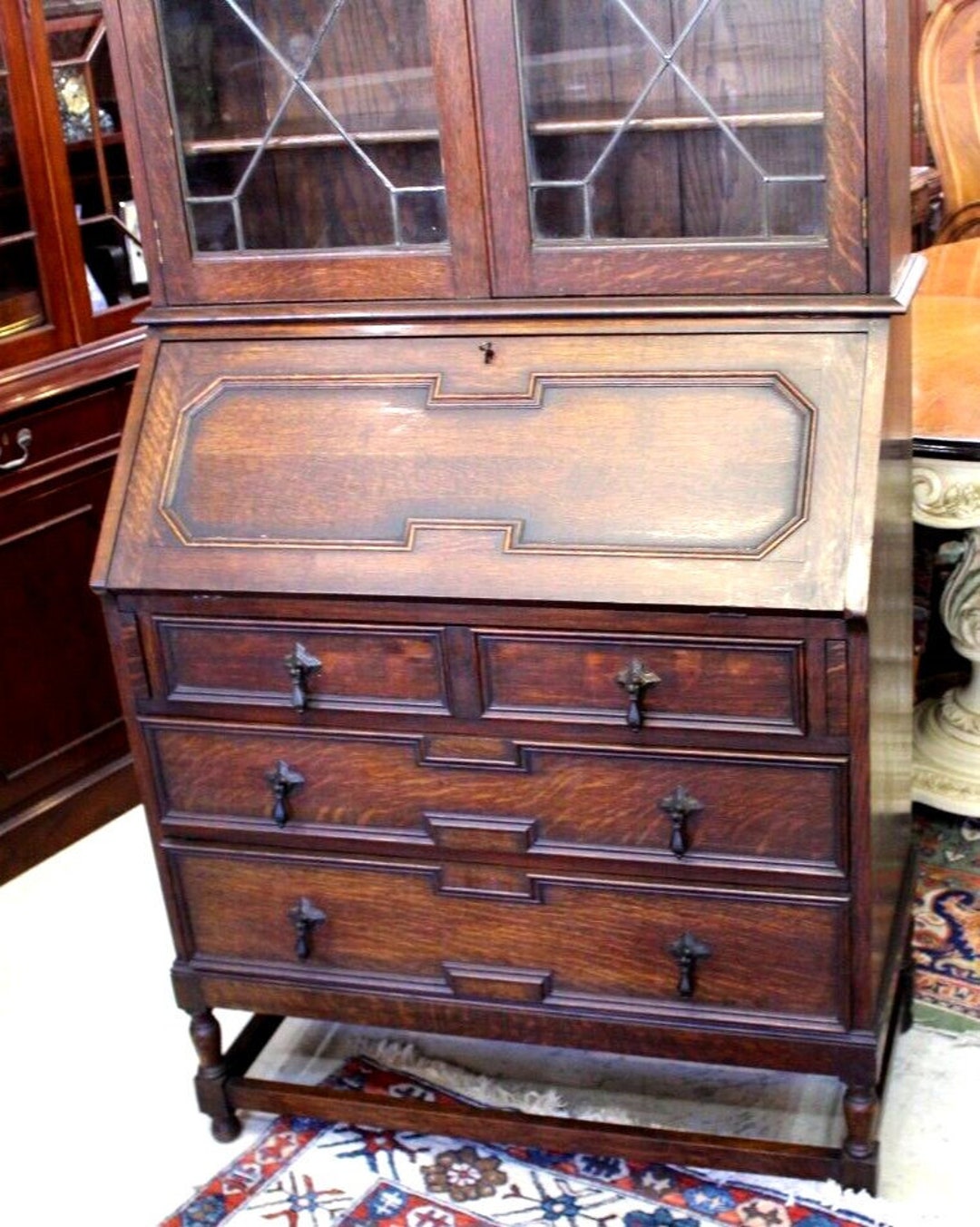 English Antique Oak Jacobean Secretary Desk / Bookcase - Etsy