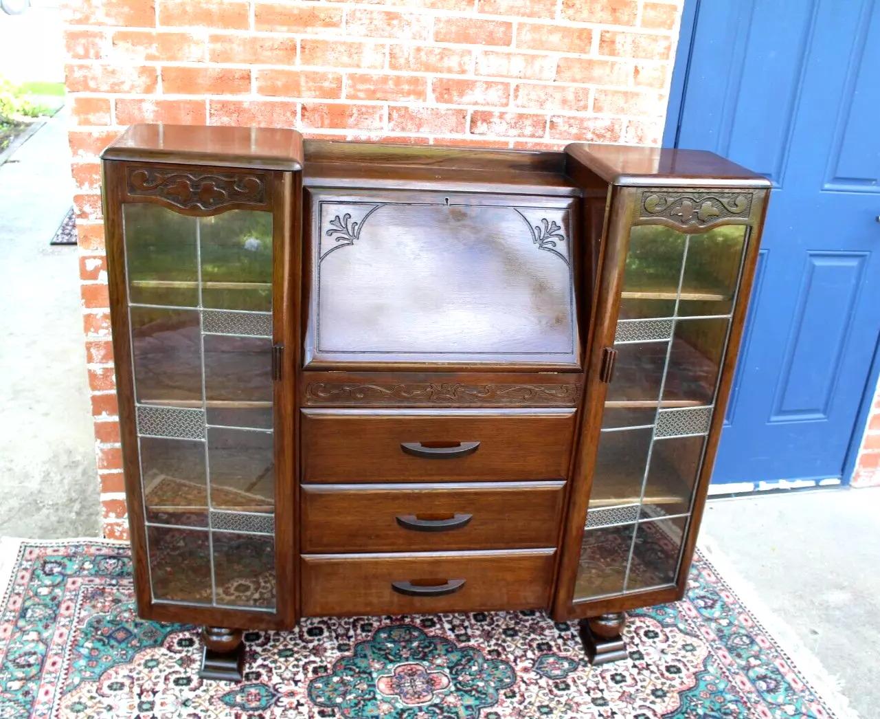 English Antique Oak Art Deco Leaded Glass Side by Side Drop Front Desk ...