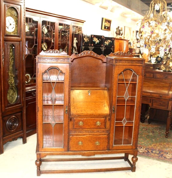 English Antique Oak Jacobean Leaded Glass Side by Side Drop Front Desk bookcase Home Office Furniture Etsy