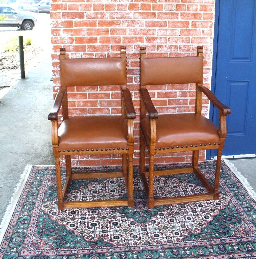 Pair of French Antique Oak Henry II Chairs W/ Leather Upholstery & Arms ...