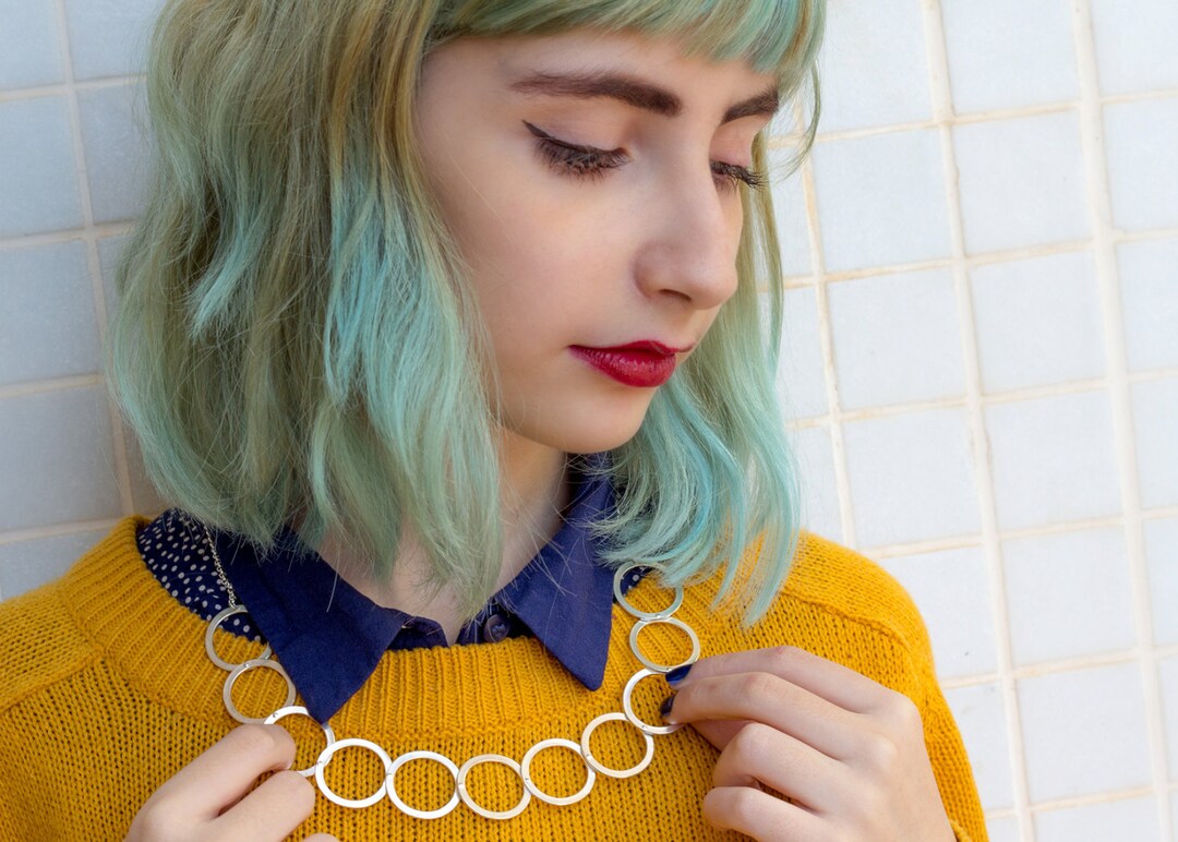 925 Sterling Silver Link Necklace, Hollow Link Necklace, Silver Loop Necklace, Geometric ...