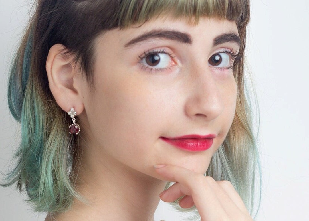 Sterling Silver Gorgeous Garnet Stud Earrings, Red Garnet Drop Earrings, Dainty Garnet Dangles ...