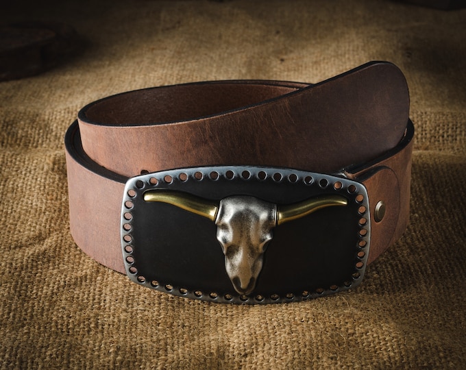Longhorn Buckle Leather Belt Cowboy Belt Italian Vegetable - Etsy
