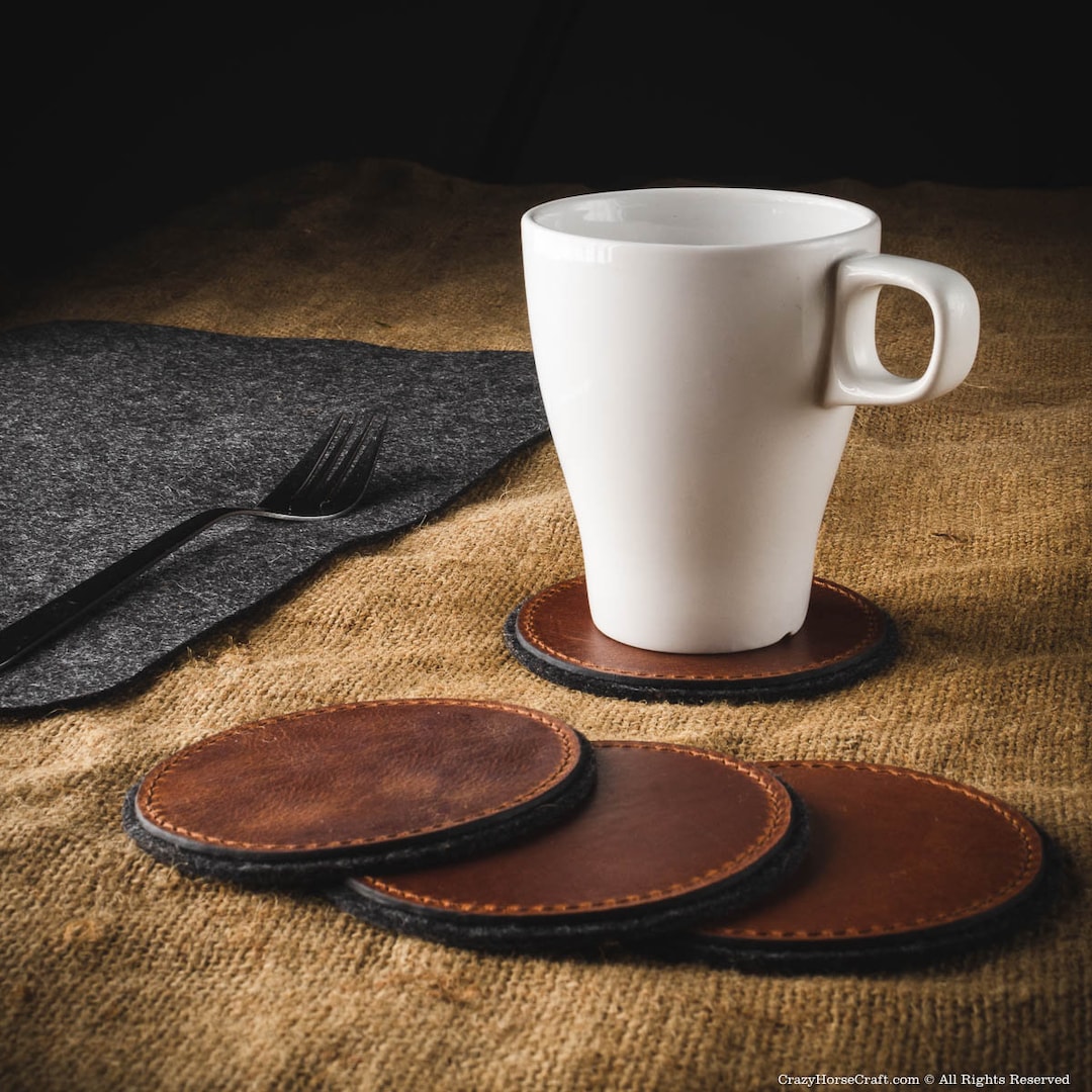 Vegetable Tanned Leather Coasters Set, Crazy Horse Leather, Wool Felt ...