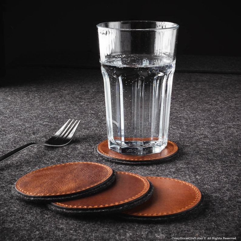 Vegetable Tanned Leather Coasters Set, Crazy Horse Leather, Wool Felt ...