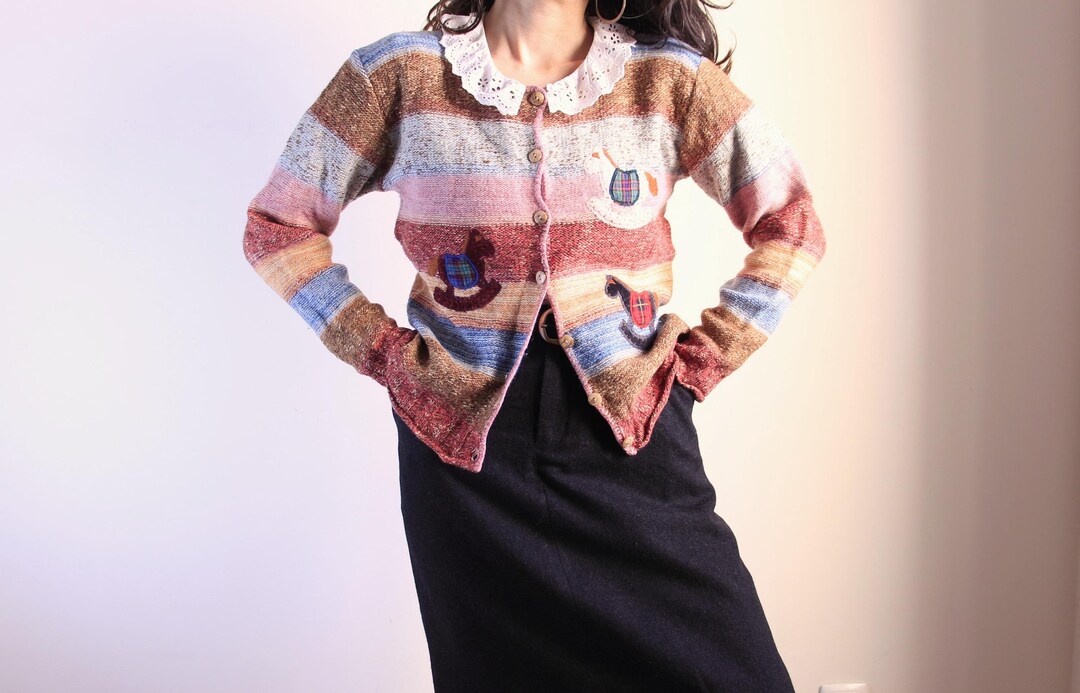 Vintage Wool Cardigan , Cottagecore Knit Cardigan , Romantic Pastel ...