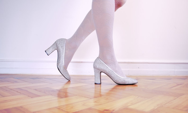 Vintage Silver Glitter Pumps | 80's Glitter High Heel Pumps | Sparkling ...