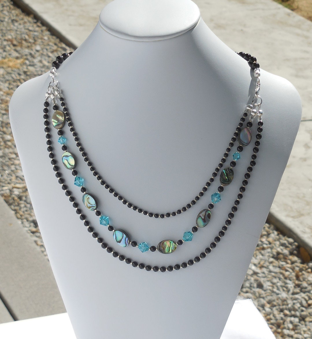 Abalone, Black Jasper and Swarovski Light Turquoise Crystal Necklace - Etsy