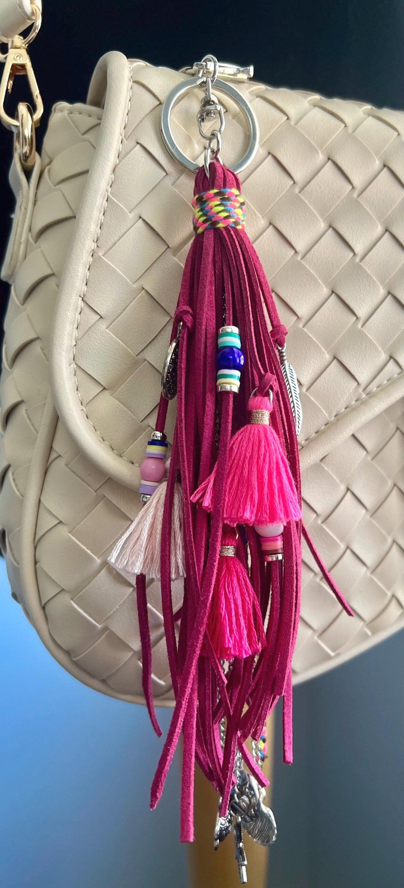 Boho Beaded Bag Charm, Pink Leather Tassel, Sealife Keychain - Etsy
