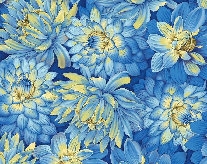 Blue Dahlia Floral, Sold by the Half Yard, Flower Festival 2 Line, 100% ...
