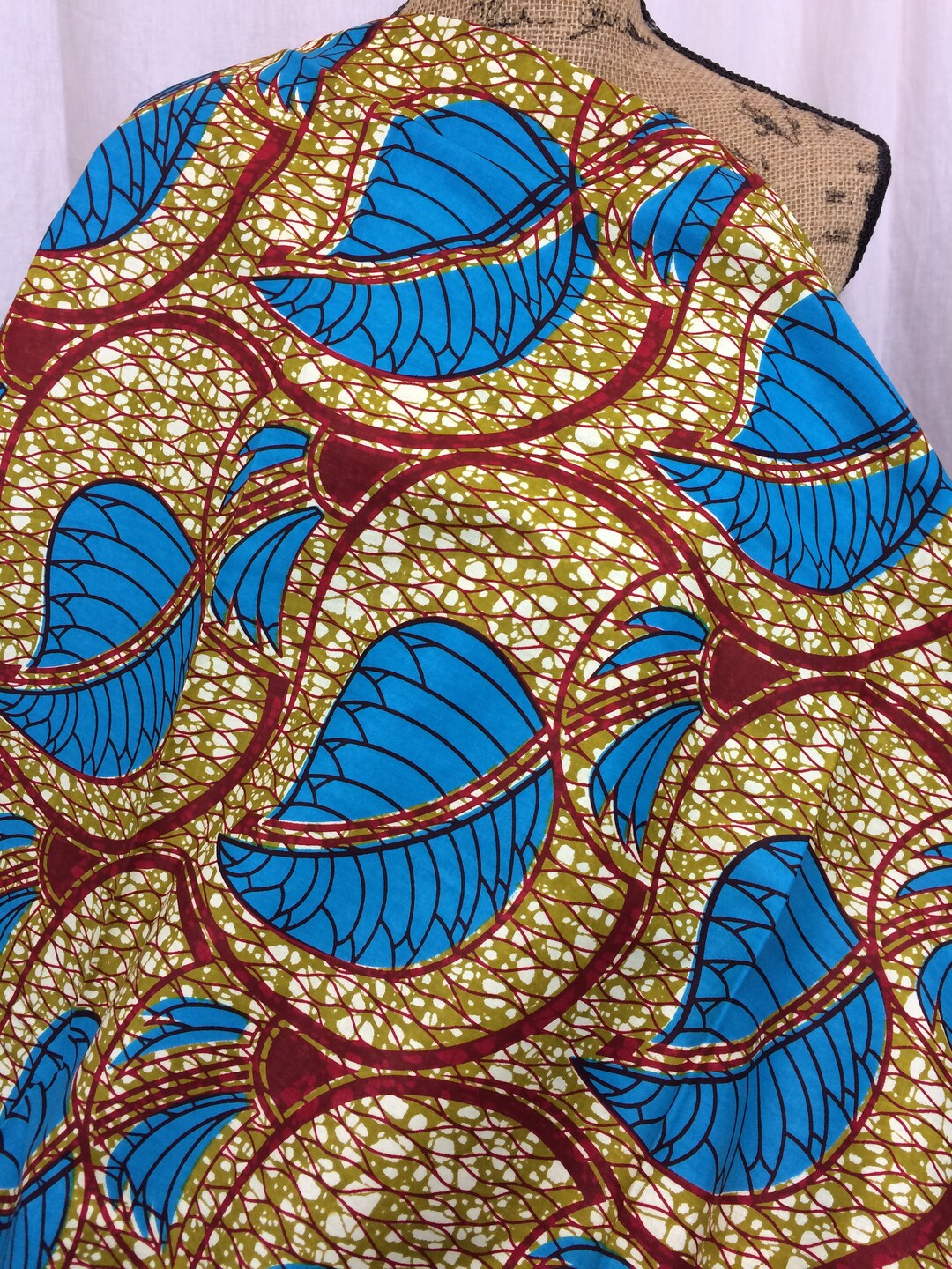 African Fabric ~ Turquoise Leaves & Fans, UK Import~ Out of Print, Sold ...