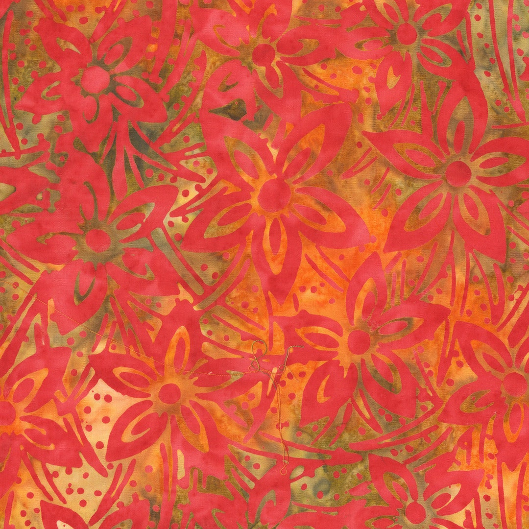Batik Fabric From Bali-anthology, Red/orange Floral and Foliage, Sold ...
