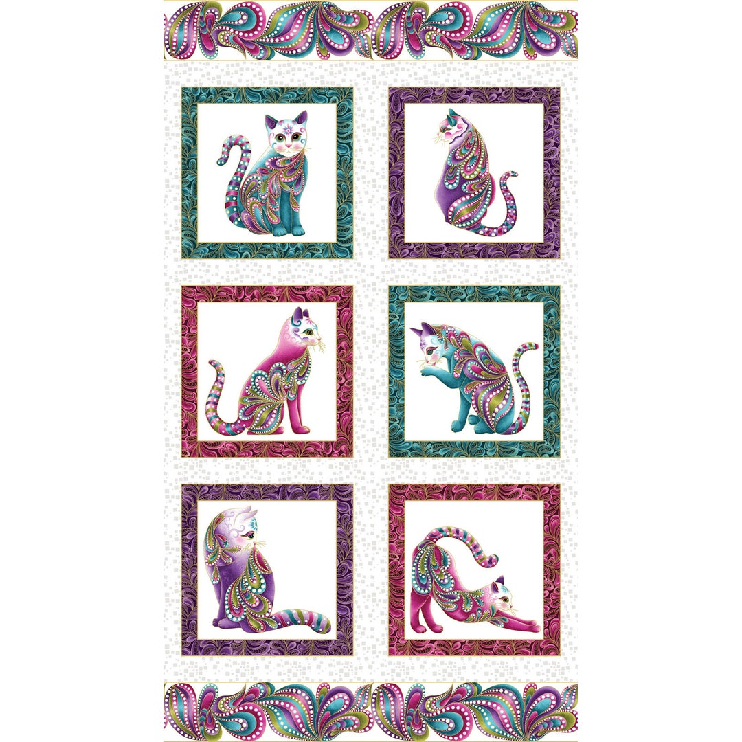 Cat Panels, Black or White With Metallic Gold, 100% Quilt Shop Quality ...