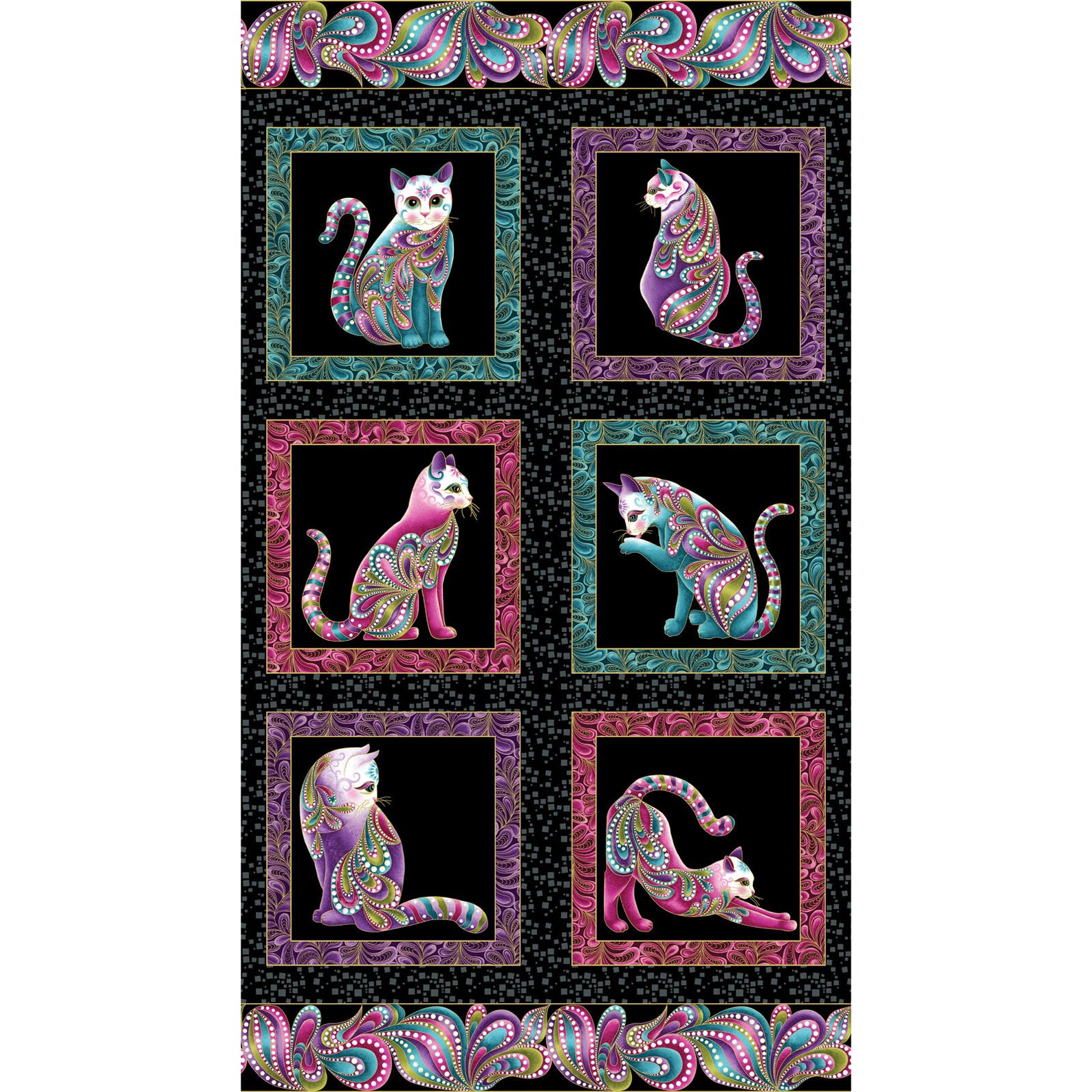 Cat Panels, Black or White With Metallic Gold, 100% Quilt Shop Quality ...