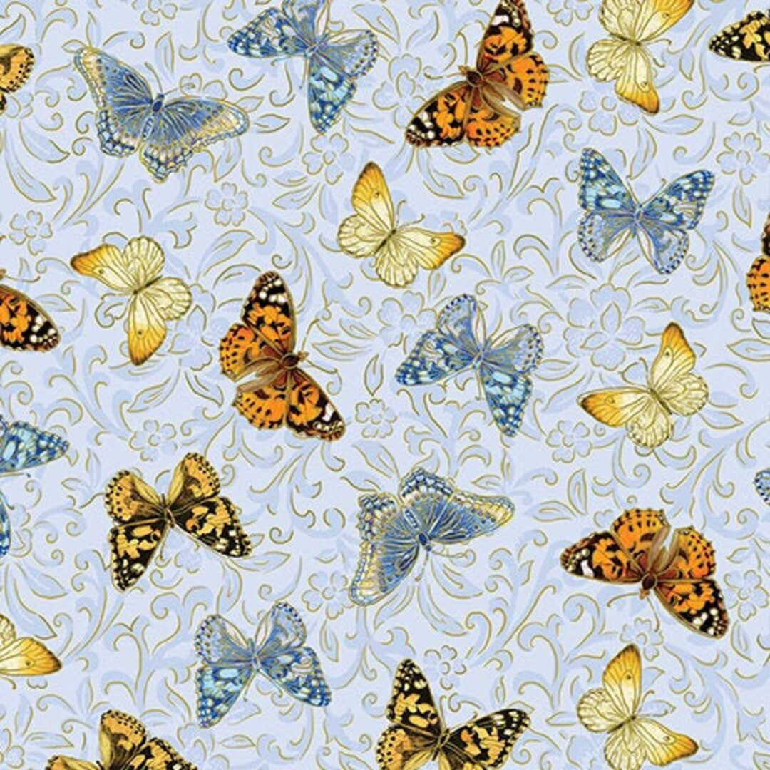 Butterfly Fabric on Light Blue, Metallic, 100% Quilt Shop Quality ...