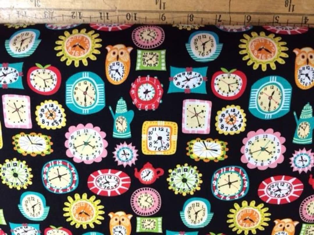 Colorful Clocks on Black, Sold by the Half- Yard, Elizabeths Studios ...